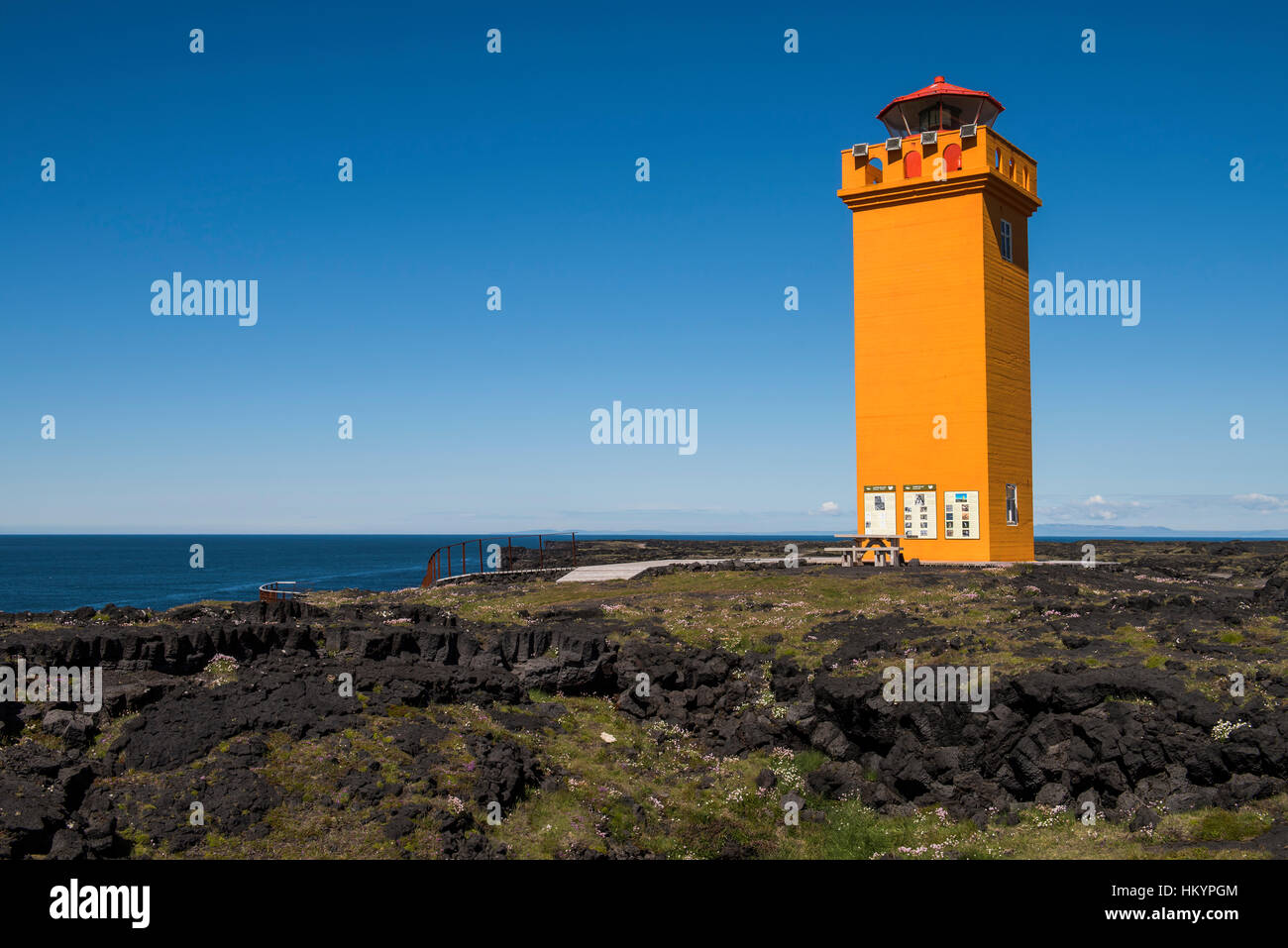 Orange Svortuloft lighthouse with flowers and black rocks on Iceland ...