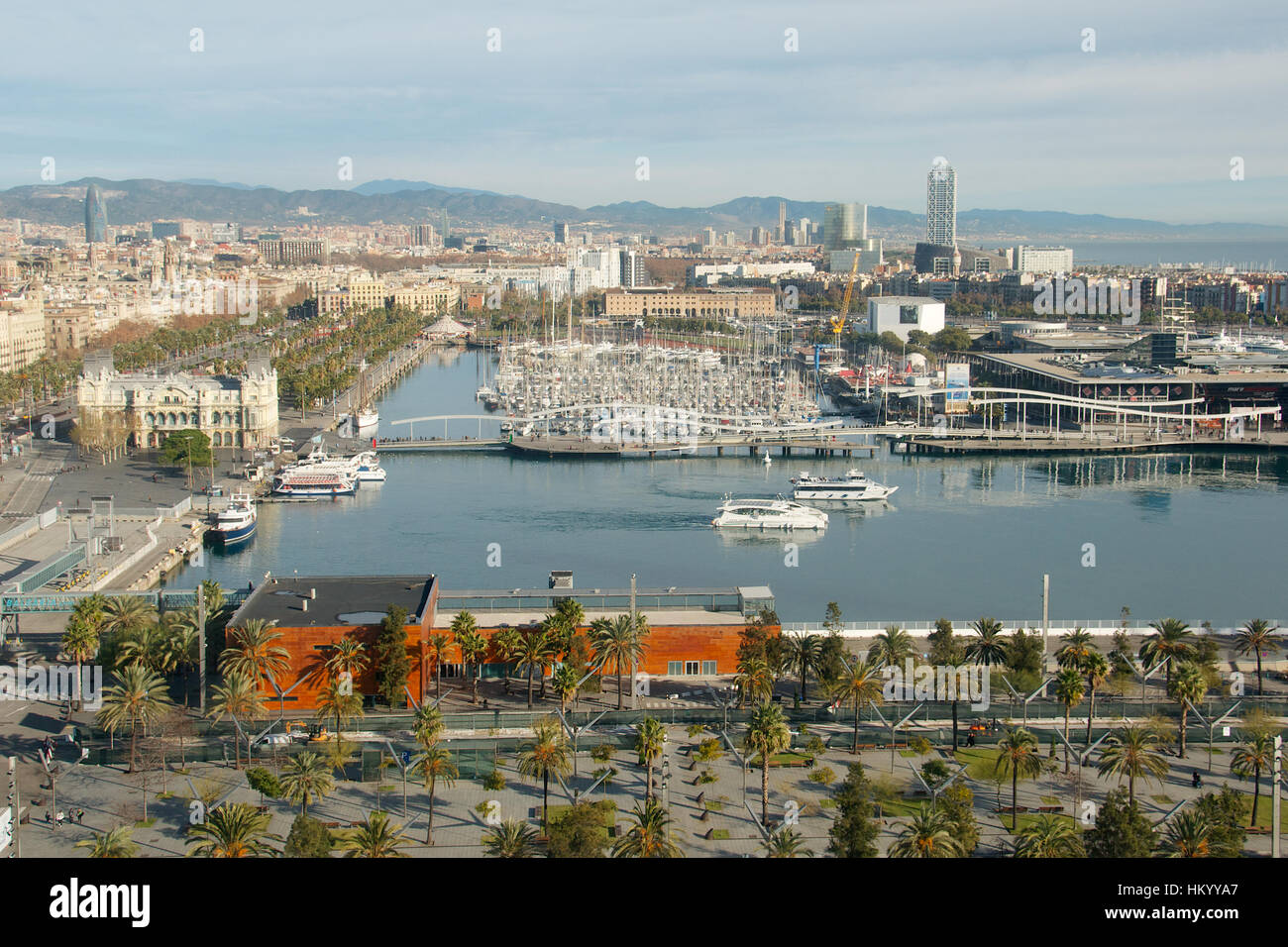 Aerial view of Barcelona waterfront and Harbour, Catalonia Province ...