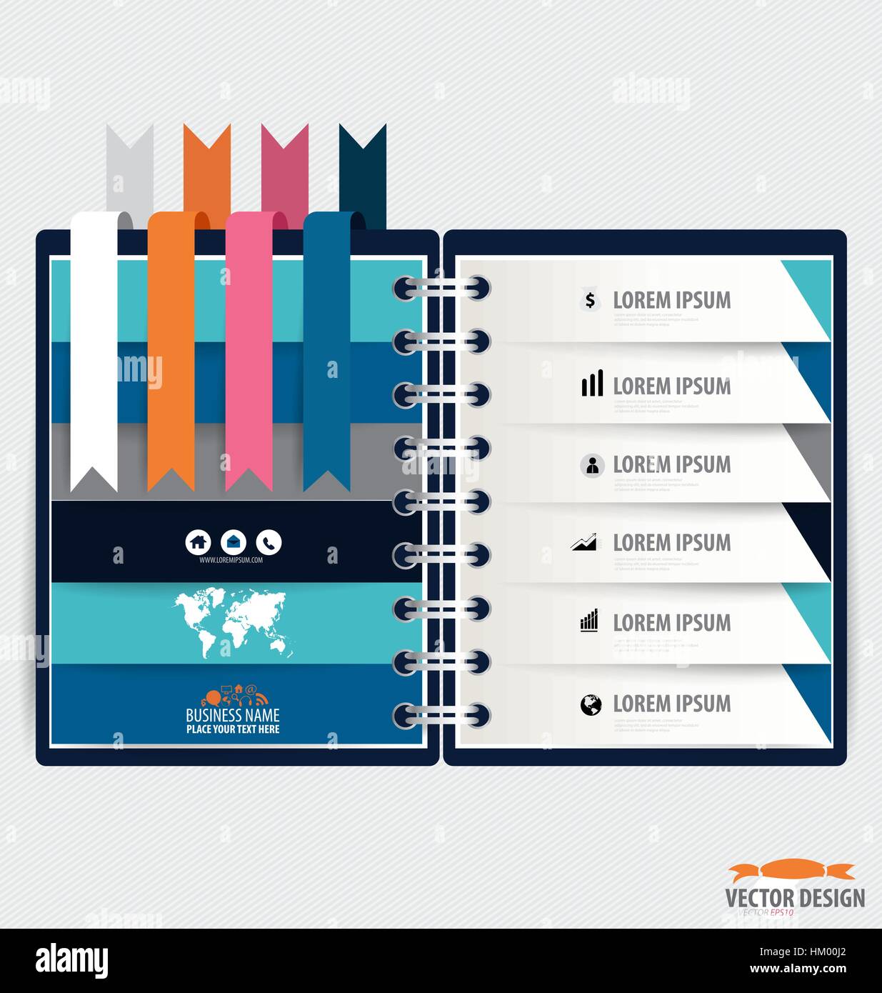 Modern Design template of spiral notebook with ribbons, infographics ...