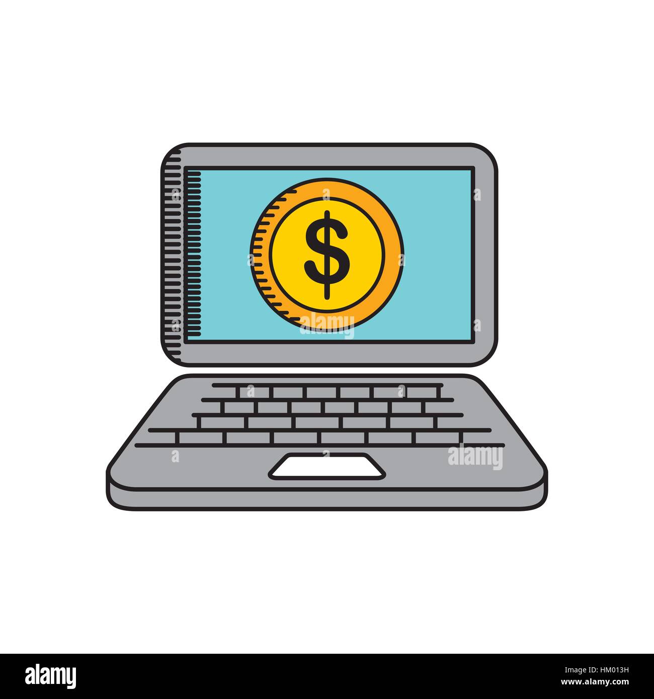 laptop computer with gold coin icon over white background. colorful ...