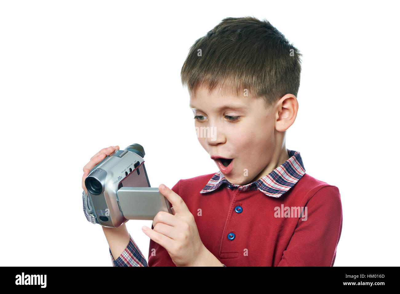 Little boy with a video camera isolated white Stock Photo - Alamy