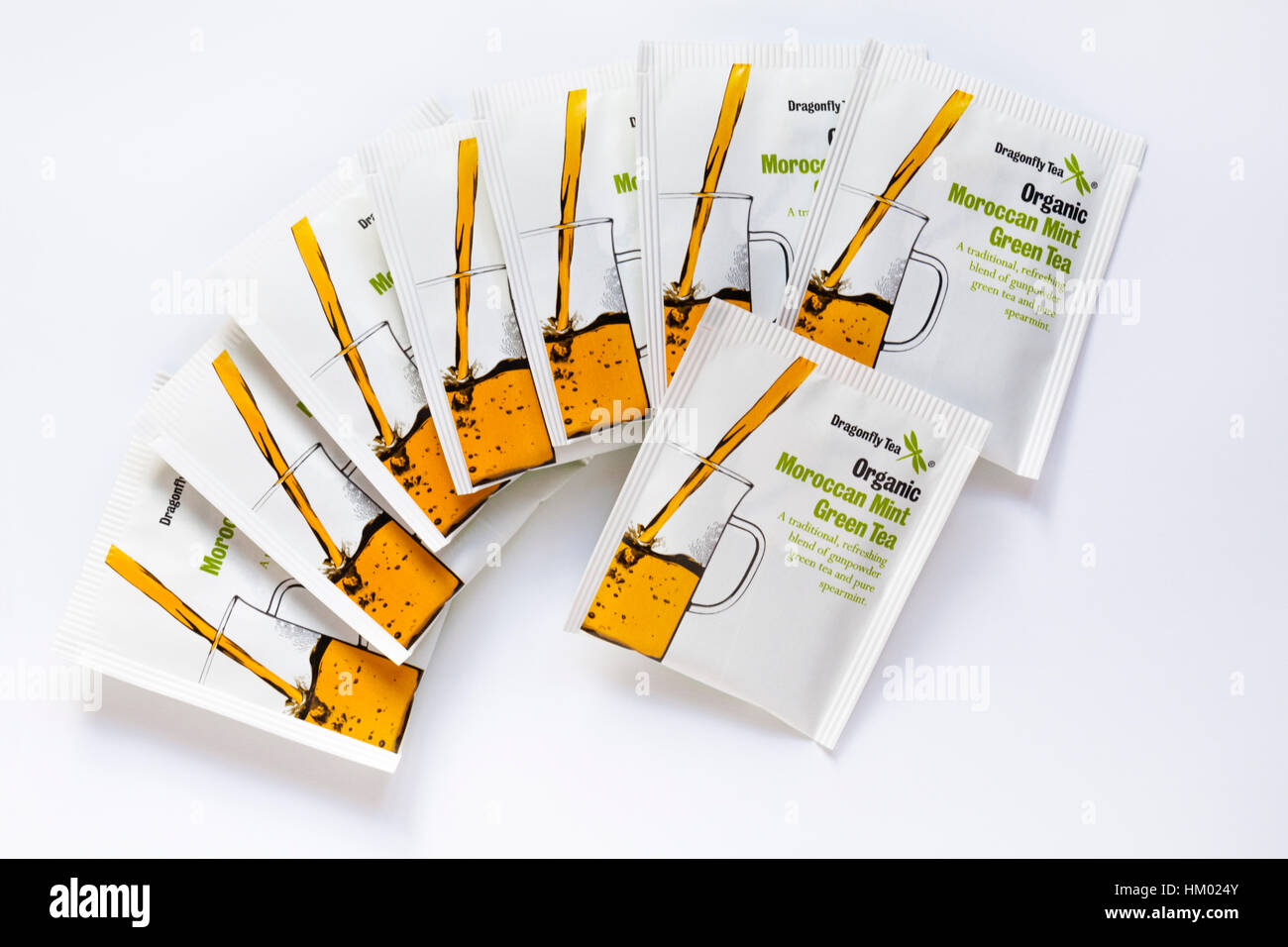 Sachets of Dragonfly Tea Organic Moroccan Mint Green Tea isolated on ...