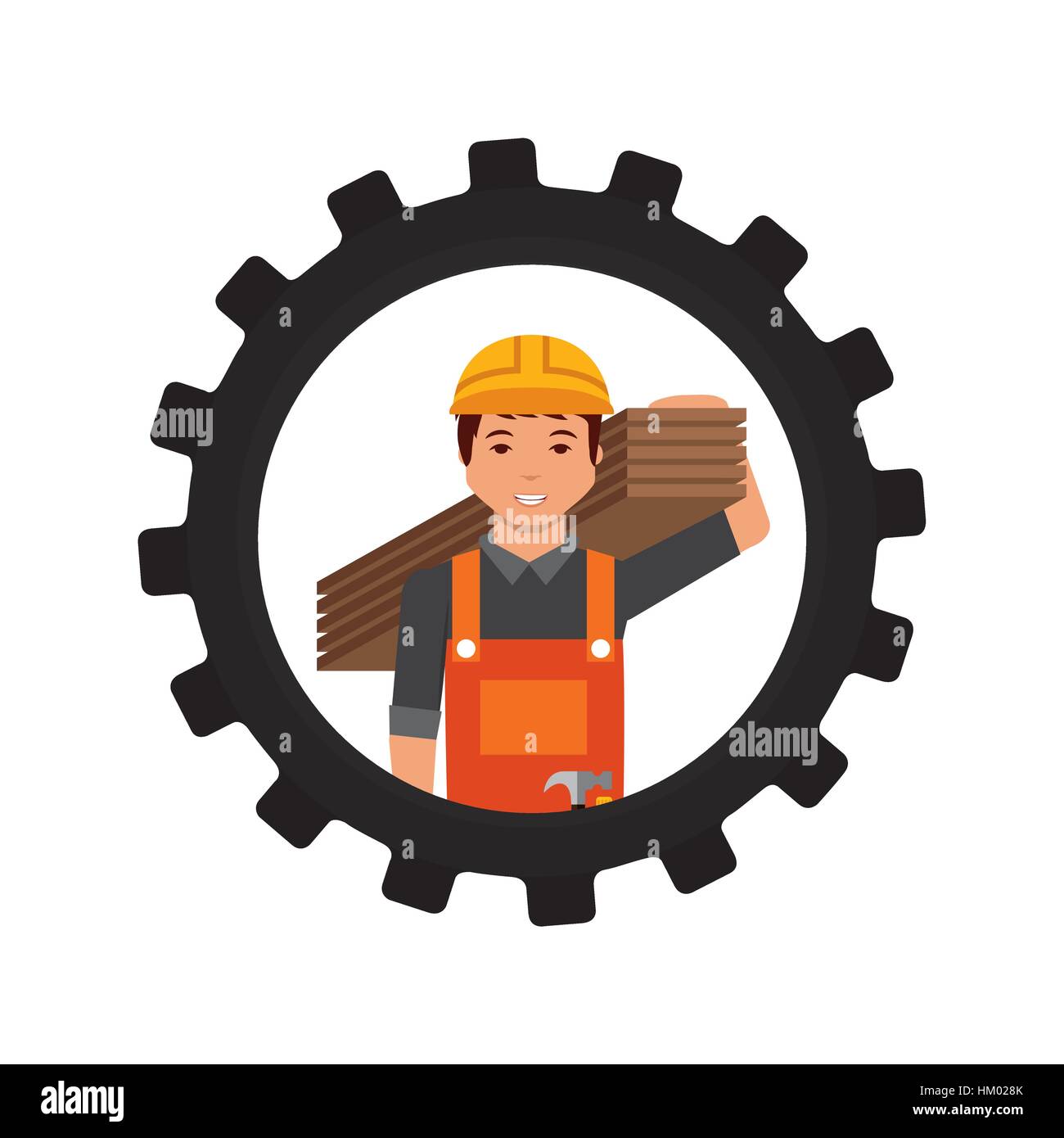 gear with construction worker cartoon over white background. under ...