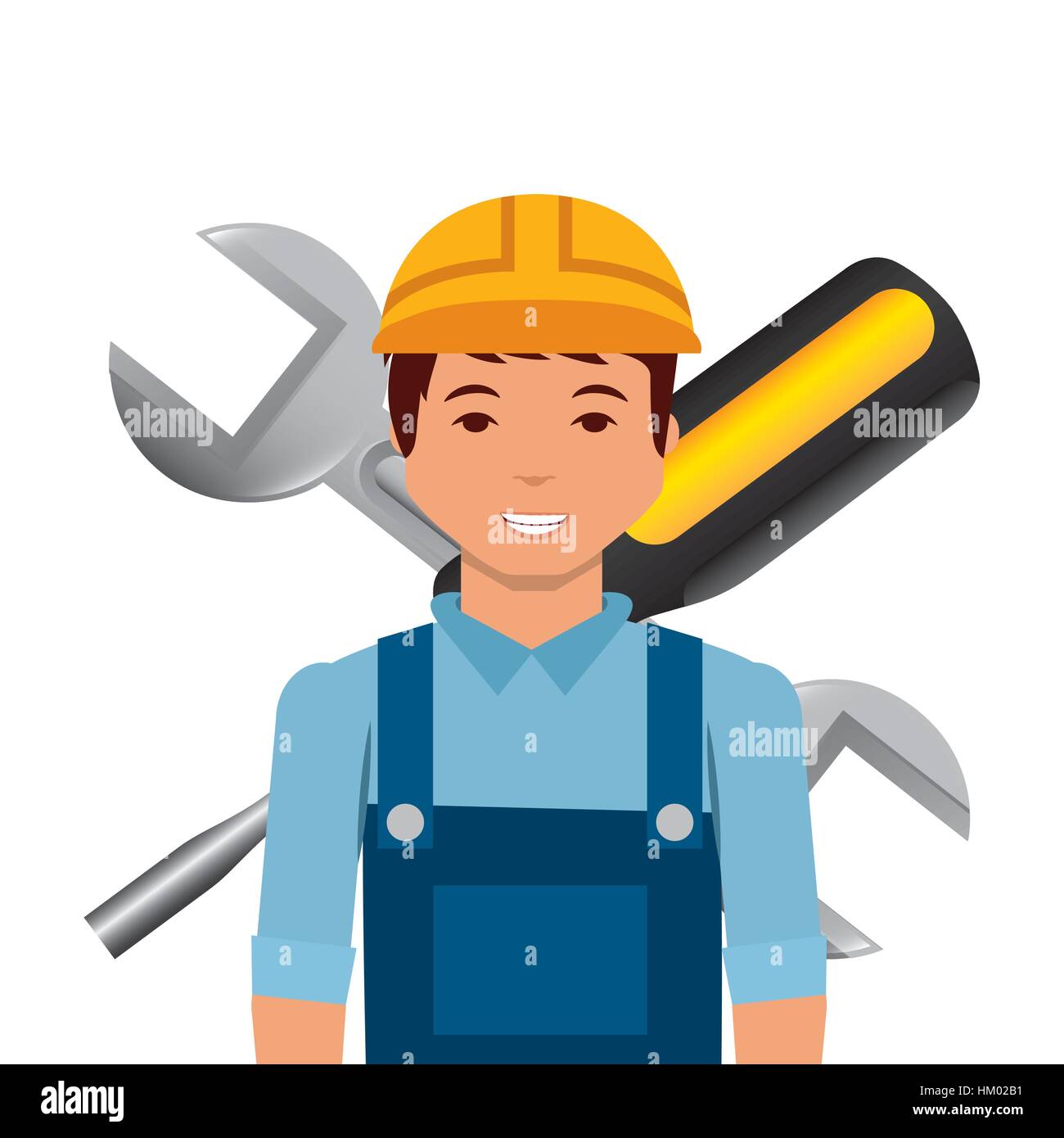 construction worker cartoon with screwdriver and wrench over white ...