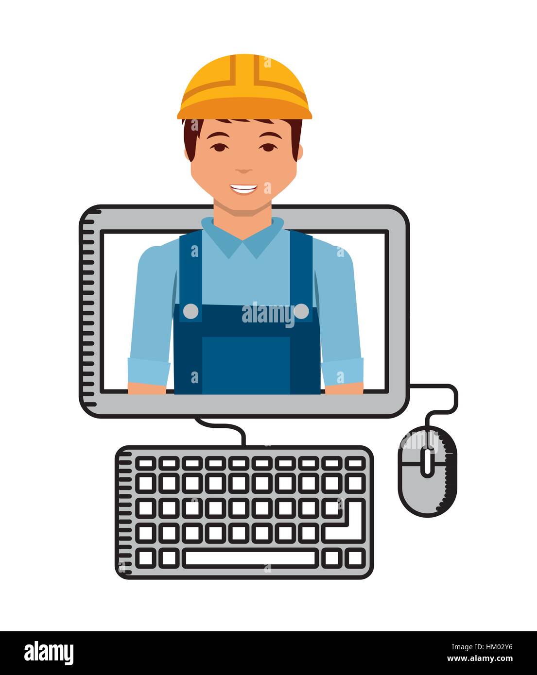 computer with construction worker cartoon over white background. under ...
