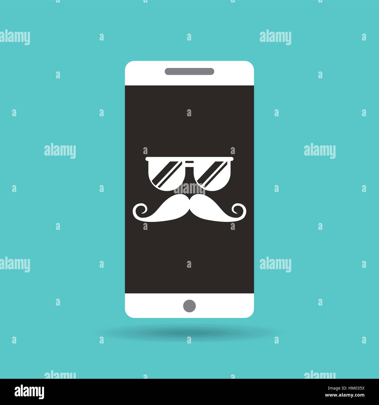 smartphone with mustache and glasses on screen over blue background ...