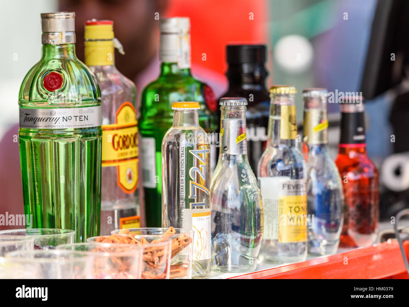 BUCHAREST, ROMANIA - SEPTEMBER 11, 2016: Alcohol Bottles On Drink Bar ...