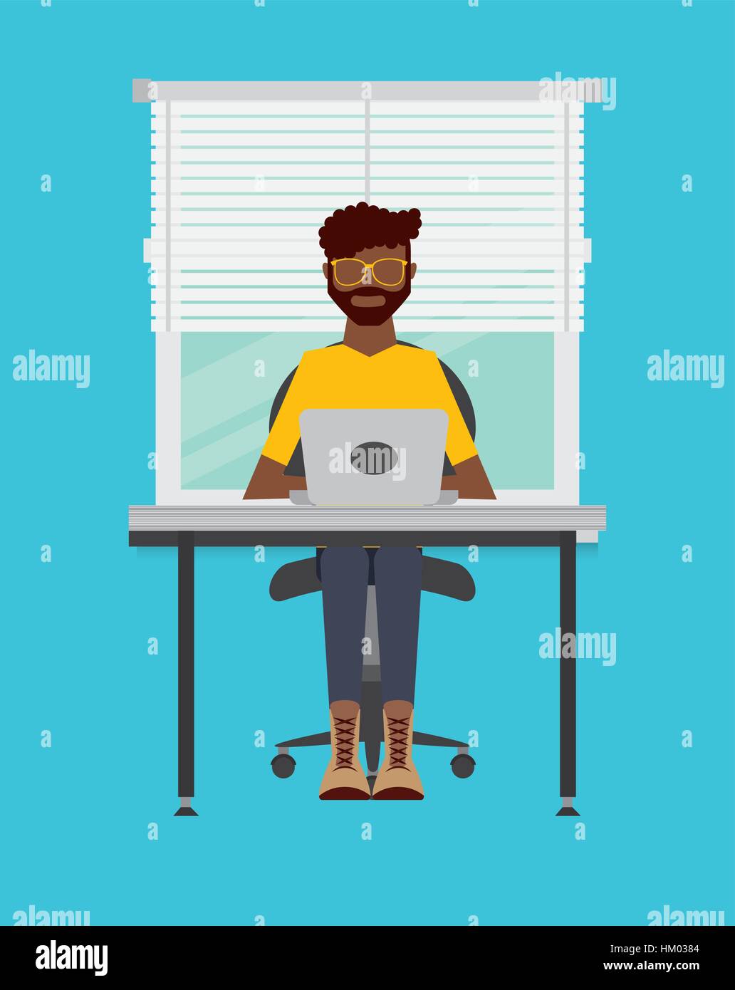 man cartoon working on a computer over blue background. colorful design ...