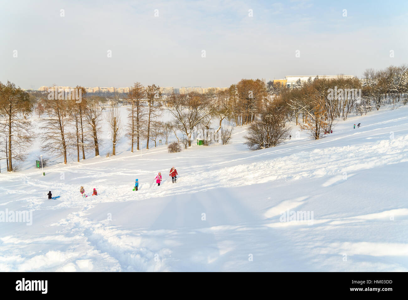 BUCHAREST, ROMANIA - JANUARY 11, 2017: Children Playing With Snow After ...