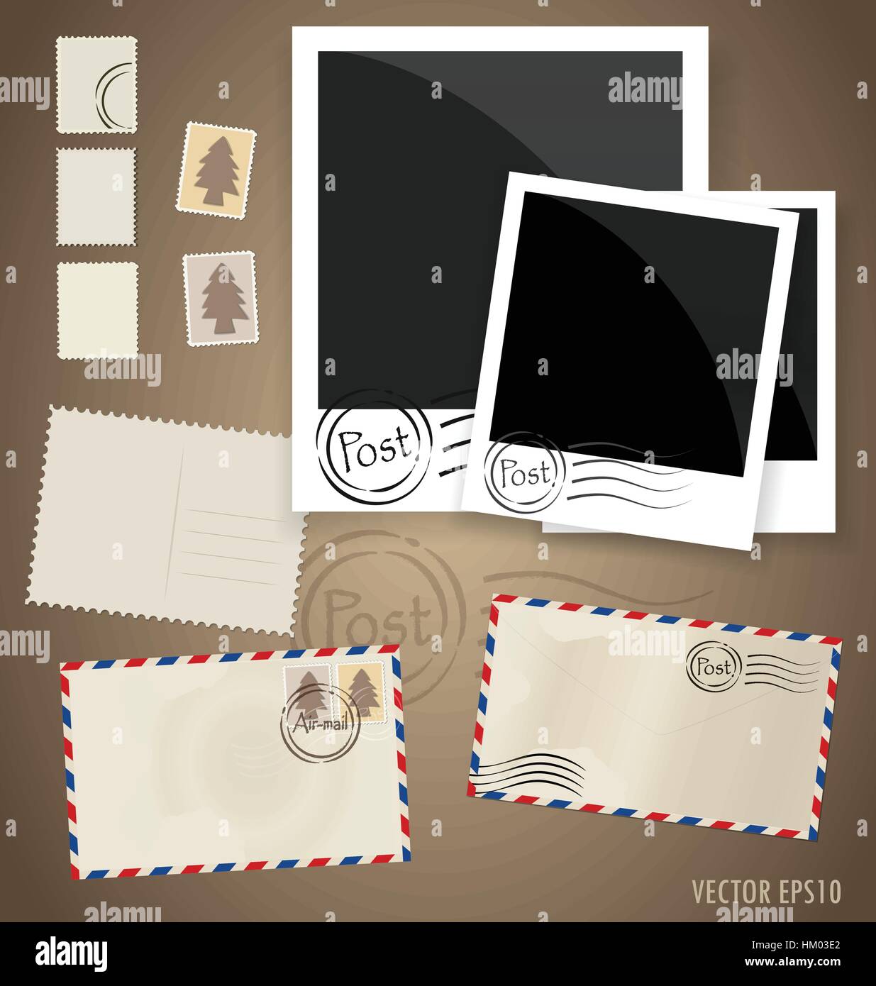 Vintage postcard designs, envelope and postage stamps. Vector EPS10 ...