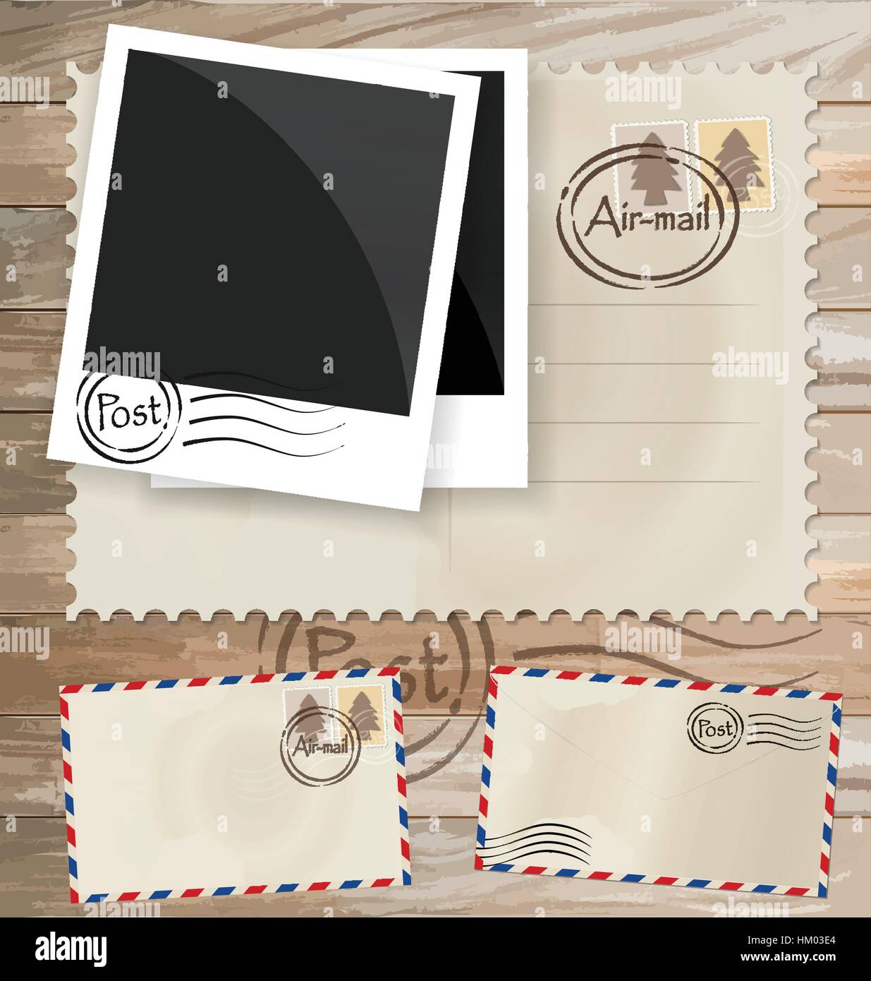 Vintage postcard designs, envelope and postage stamps. Vector EPS10 ...