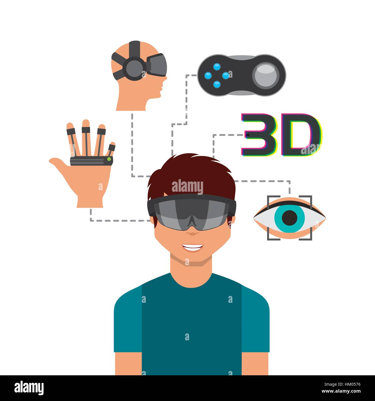 man cartoon with augmented reality visor and accessories around over ...