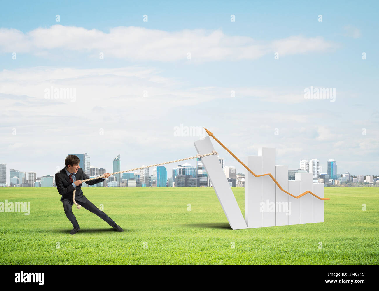 Businessman pulling graph with rope as concept of power and control ...