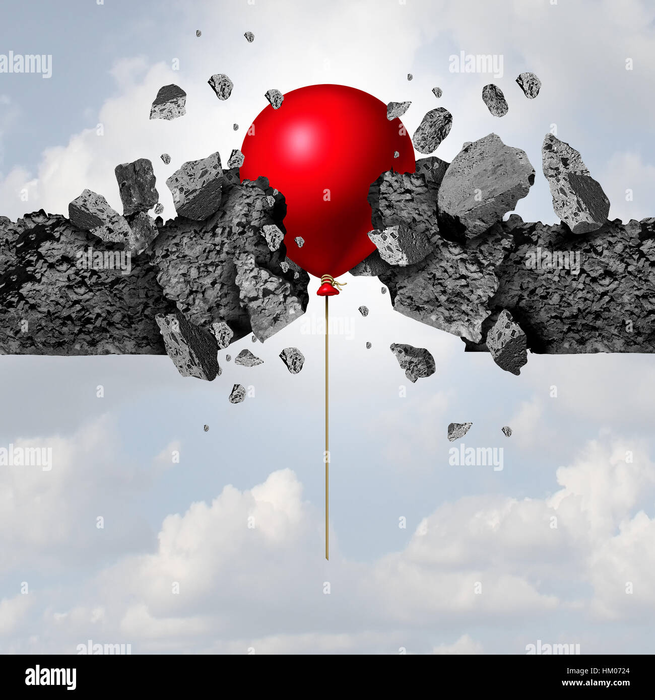unexpected power and success as a red balloon breaking through a cement ...