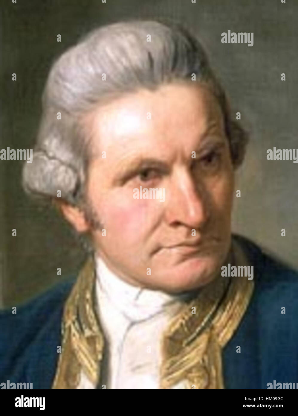 This historical painting depicts Captain James Cook, a key figure in ...