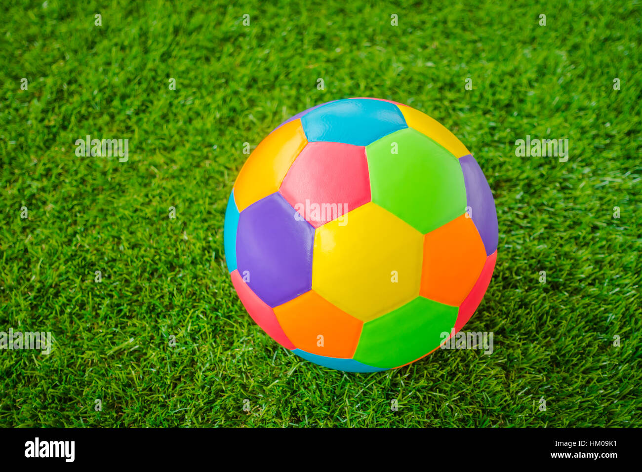Real leather Colorful multi colour Soccer ball on green grass Stock ...