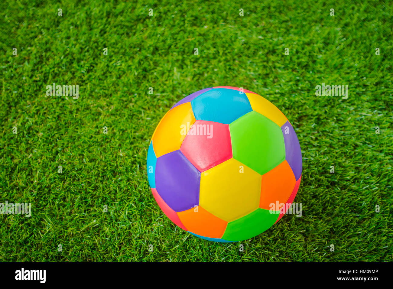 Real leather Colorful multi colour Soccer ball on green grass Stock ...