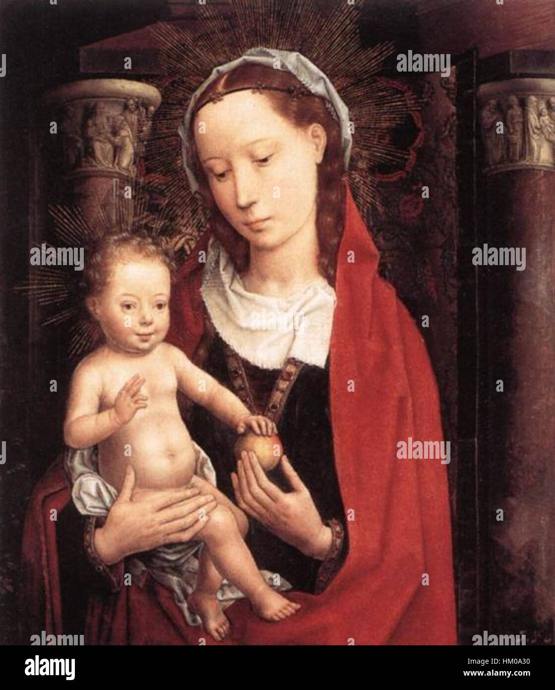 This artwork, 'Standing Virgin and Child,' portrays the Virgin Mary holding the infant Jesus, a ...