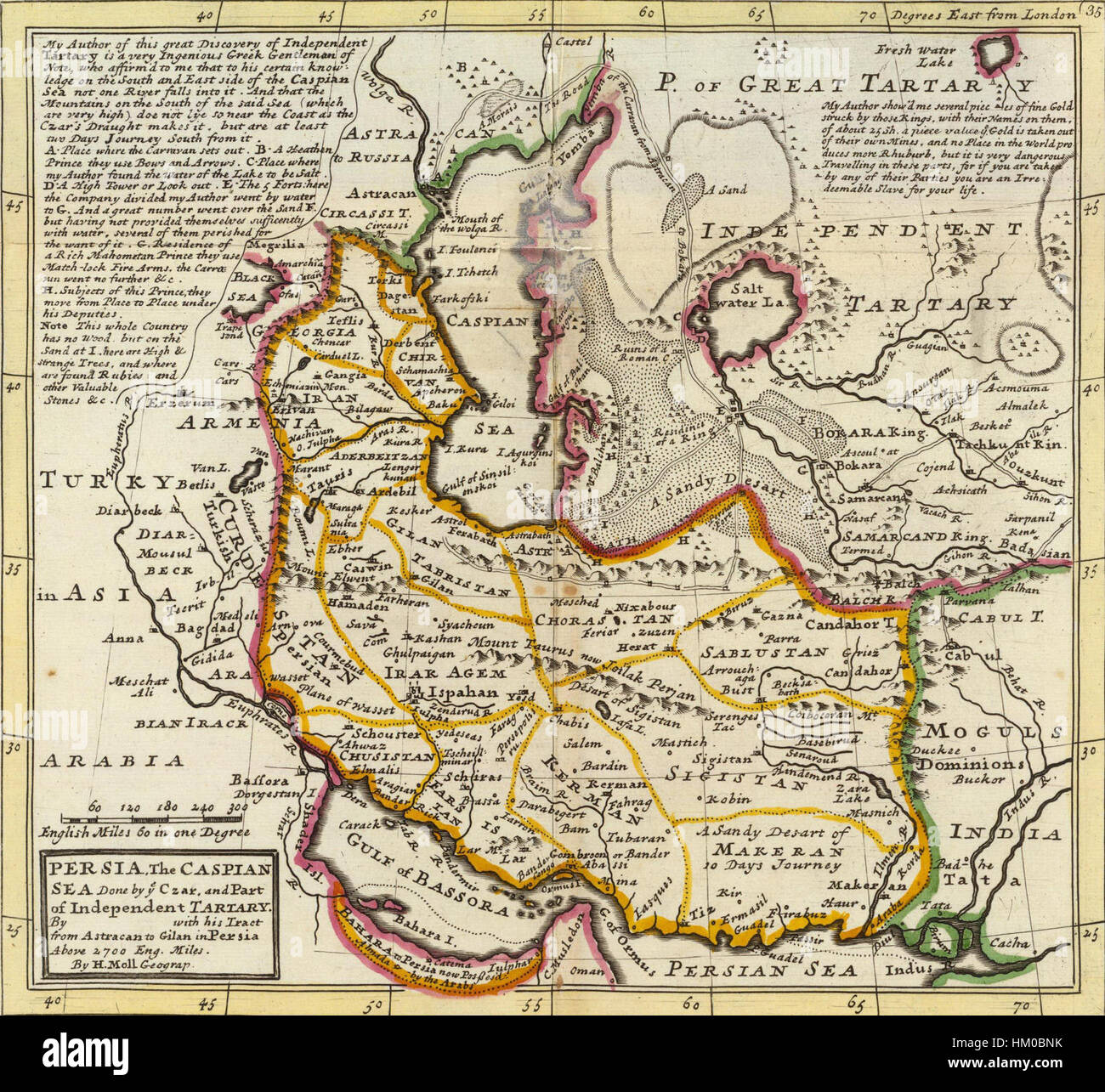 This 1736 map by Herman Moll depicts Persia and the Caspian Sea ...