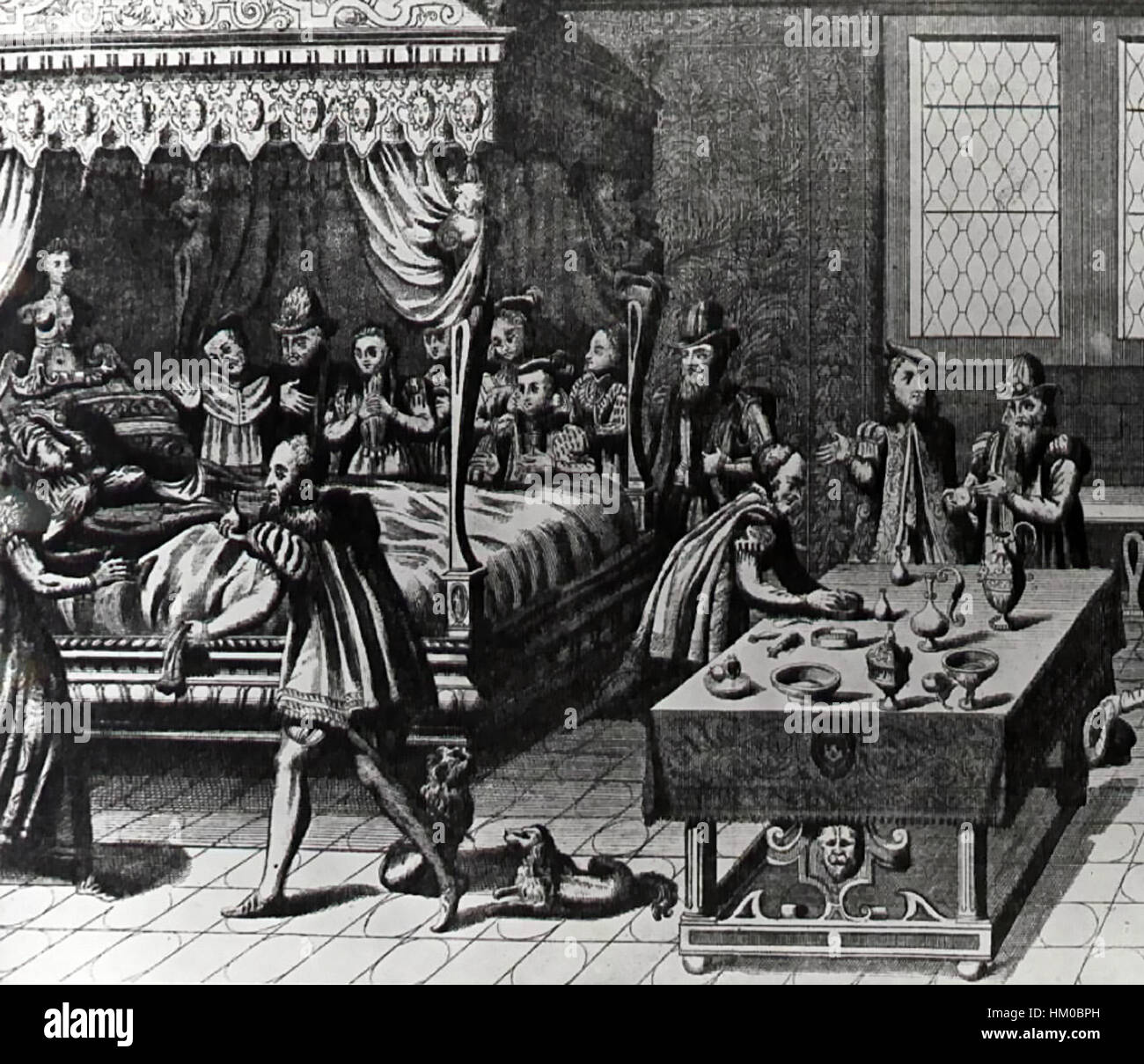 A historical artwork depicting the deathbed scene of Henri II ...
