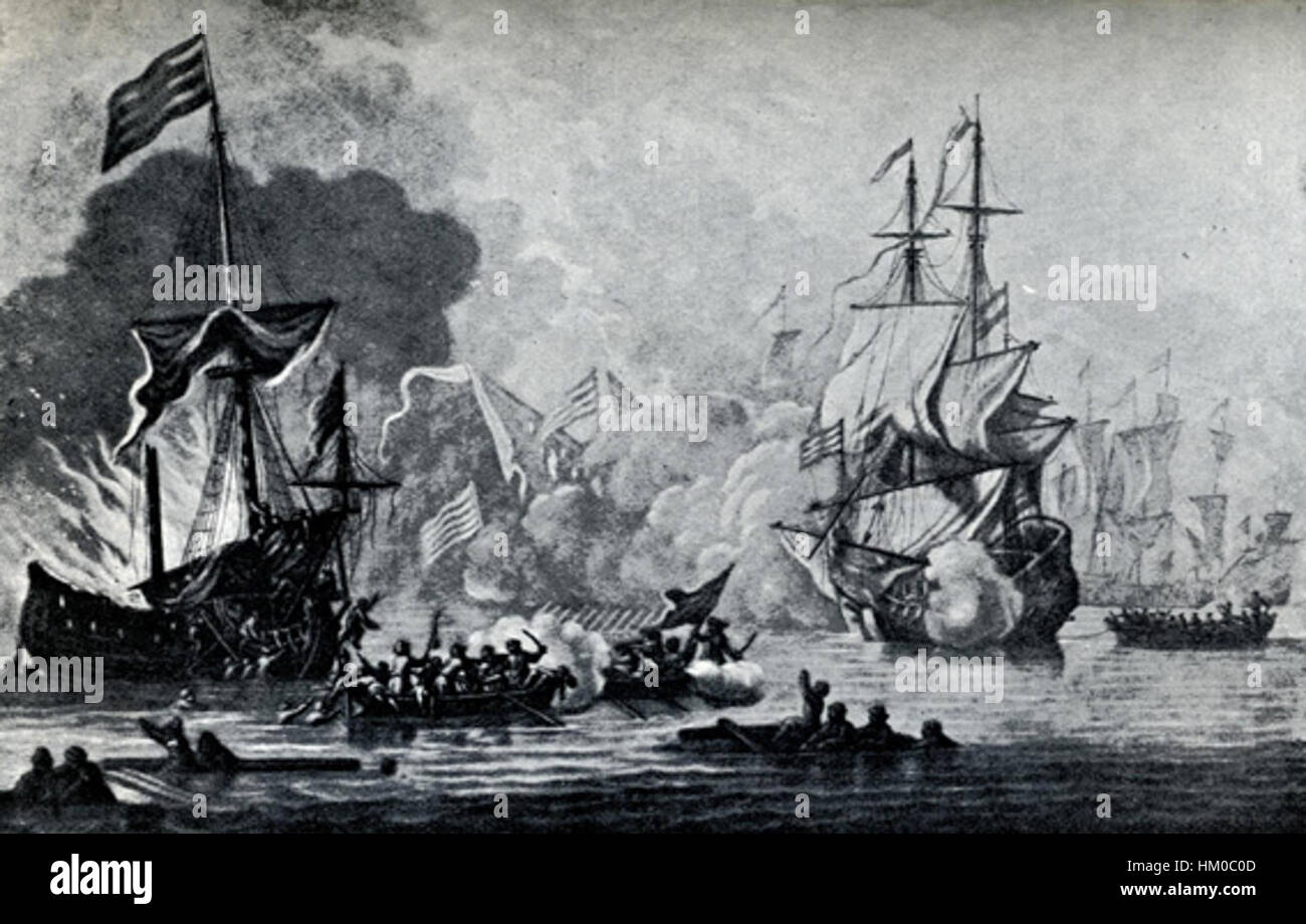 The painting depicts the HMS Mary Rose, a British warship, alongside ...