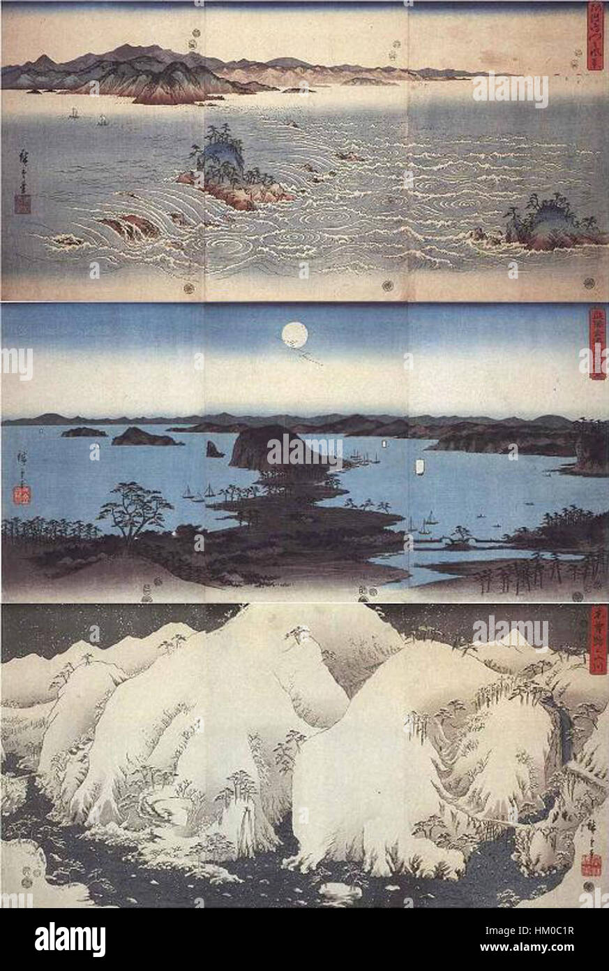 Hiroshige's triptych 'Neige, Lune et Fleurs' is a masterpiece of ...