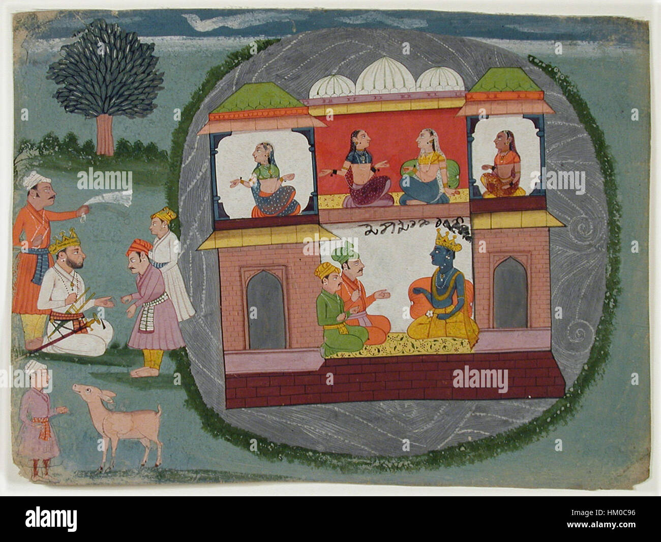 This painting depicts the Hindu god Krishna in a lakeside pavilion ...