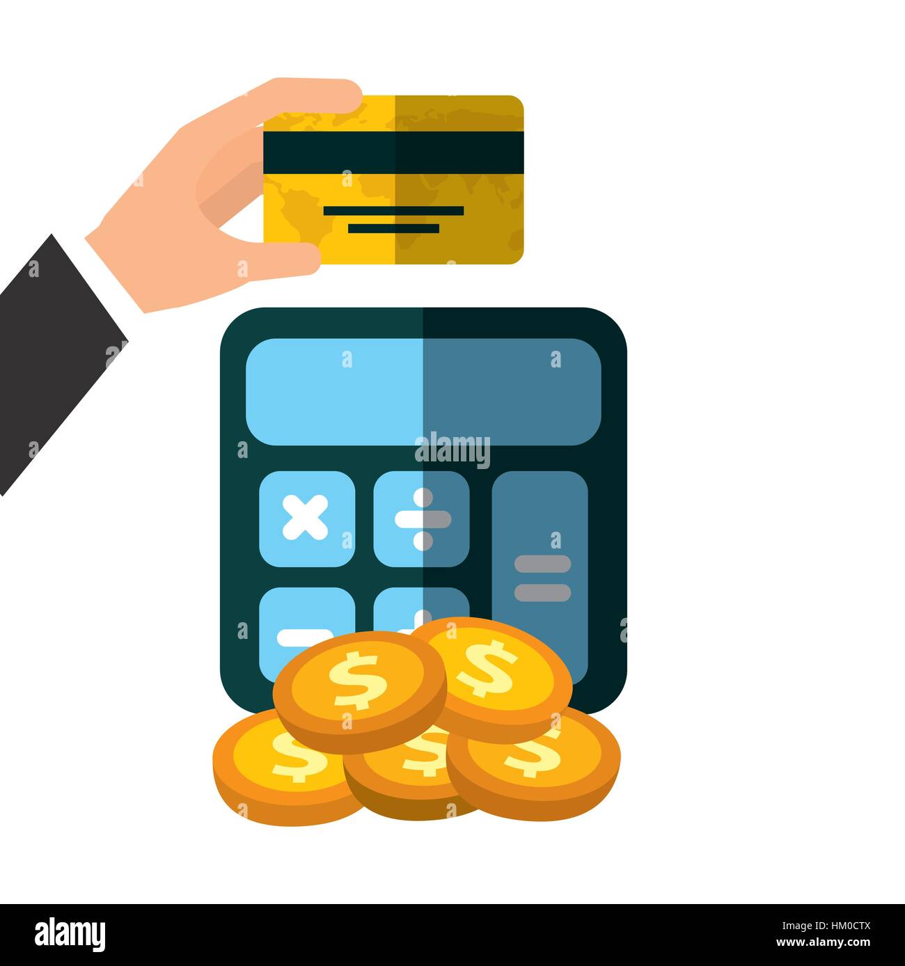 calculator, gold coins and hand holding a card over white background ...