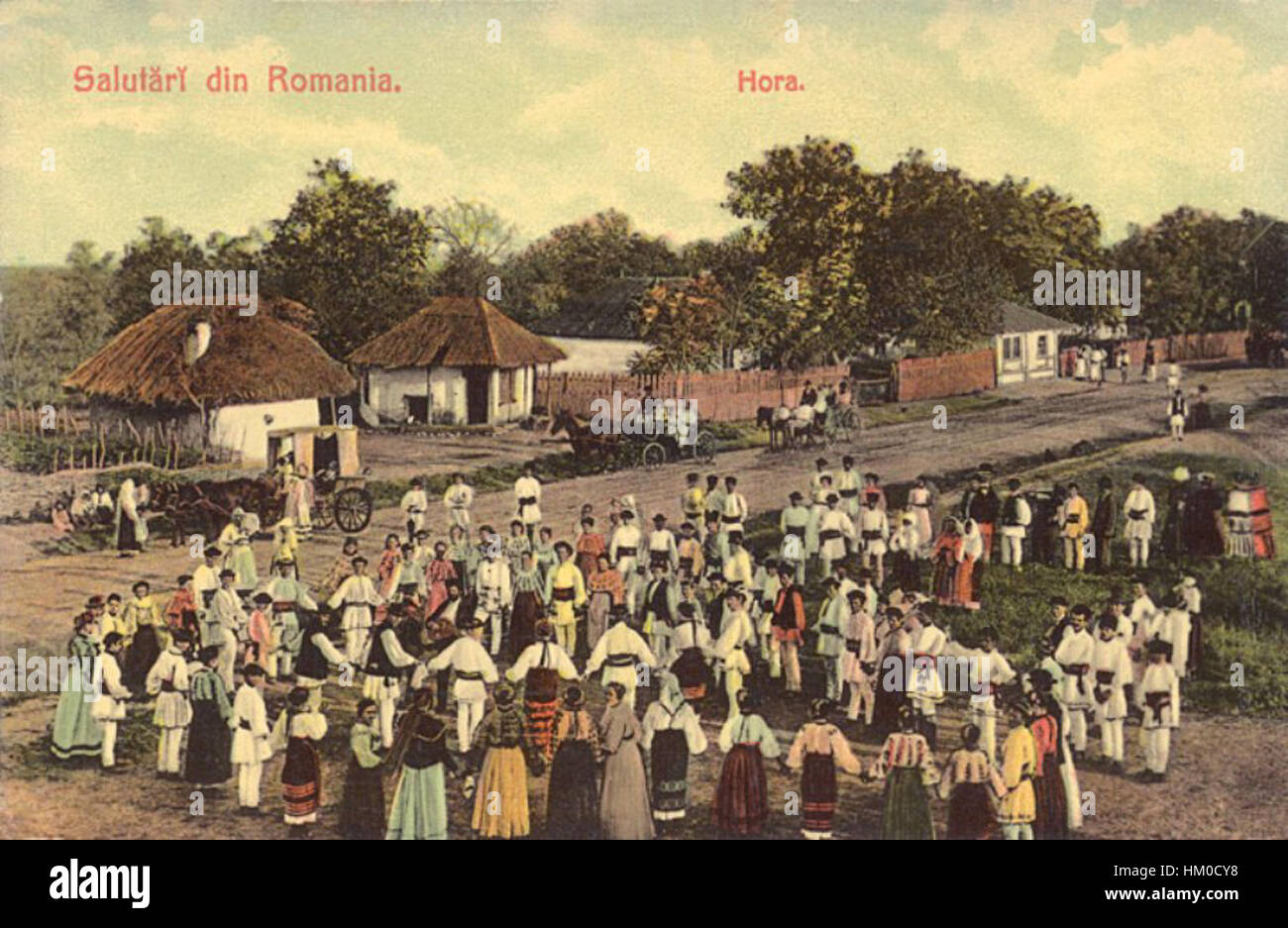 This vintage postcard depicts a traditional 'Hora' dance in Romania ...