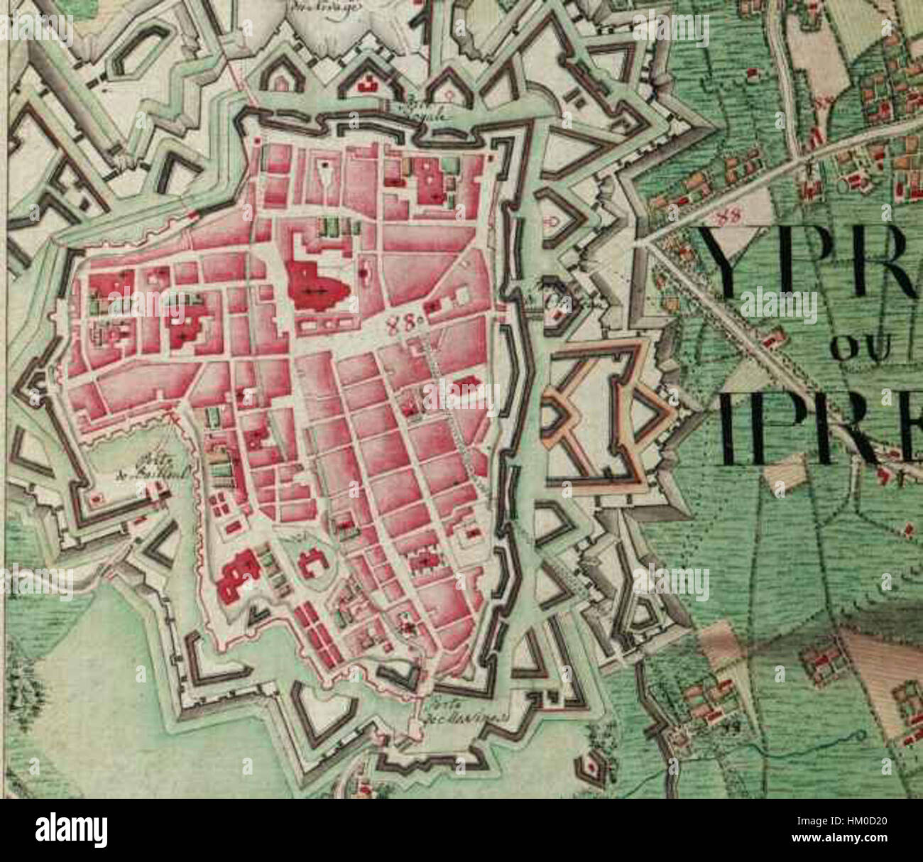 This map of Ieper (Ypres), Belgium, created by Ferraris, offers a ...