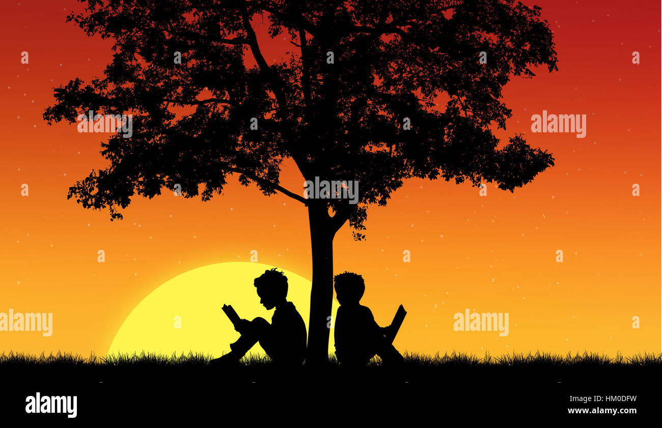 Silhouettes children under tree silhouette hi-res stock photography and ...