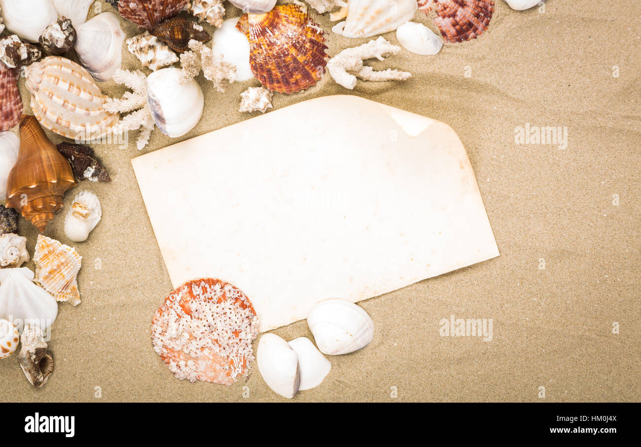 Sea shells on beach sand with old paper. Summer background Stock Photo ...