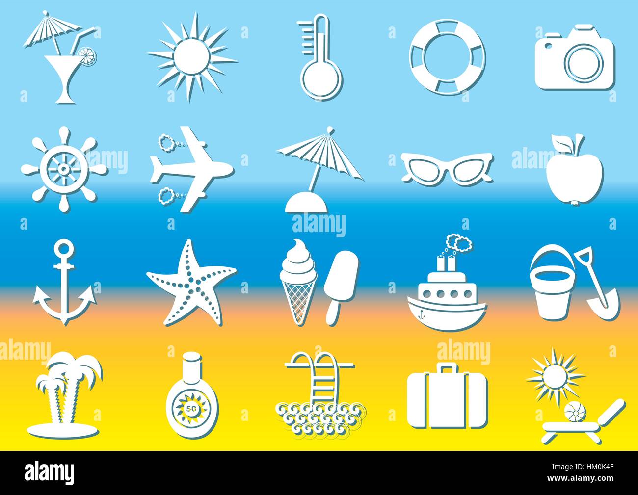 White vector summer icons collection on beach background Stock Vector ...