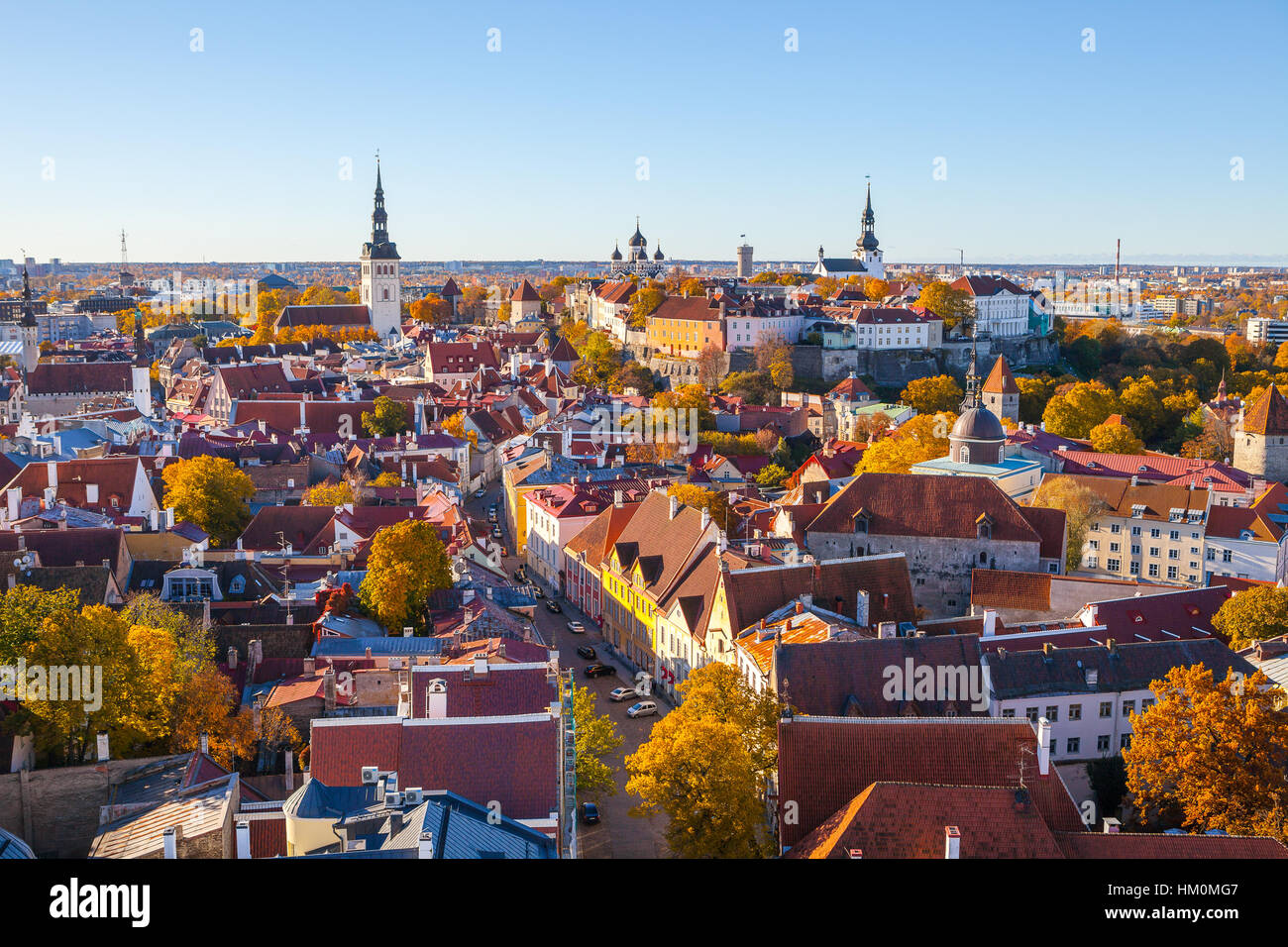 Classic panoramic view of full old Tallinn with towers, red roofs ...