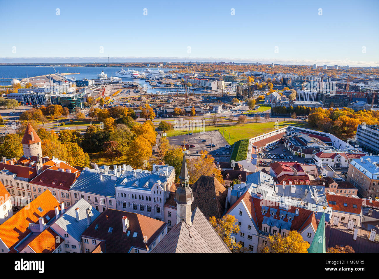 Roof top view of old Tallinn and harbor terminal Stock Photo - Alamy