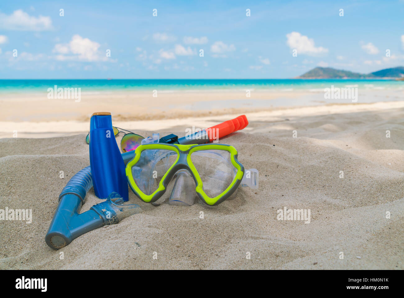 Scuba Diving Equipment On The White Sea Sand Beach Stock Photo - Alamy