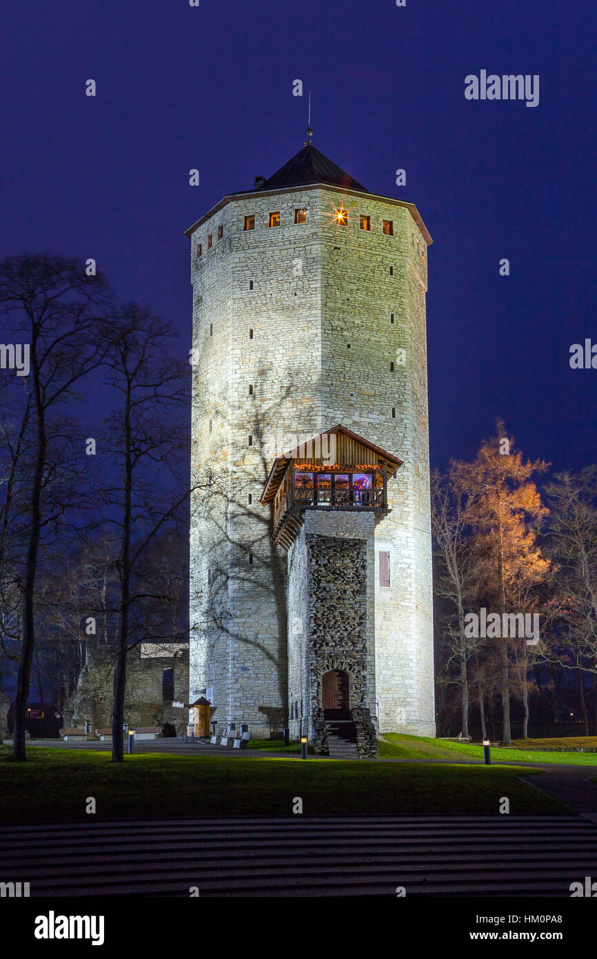 Keep - main tower of Paide castle in Estonia. Night illuminated view ...
