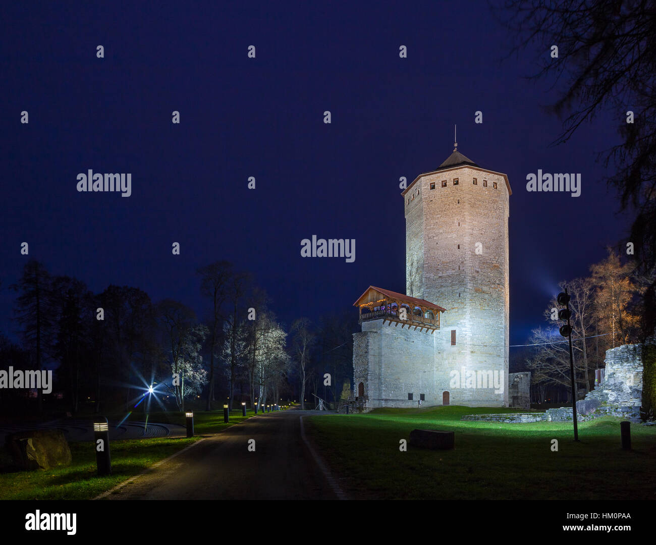 Keep - main tower of Paide castle in Estonia. Green park at ruins of ...