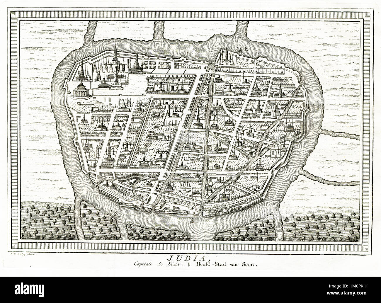Antique Old Plan View of Ayutthaya Judia Thailand - 1750 Stock Photo ...