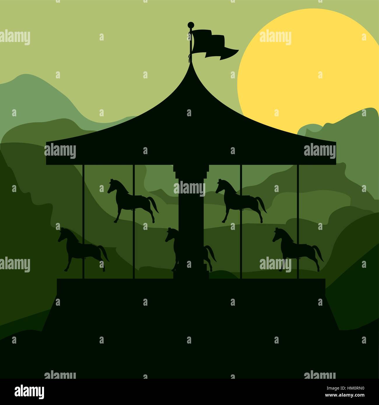 sunset background merry go round with horses vector illustration Stock ...