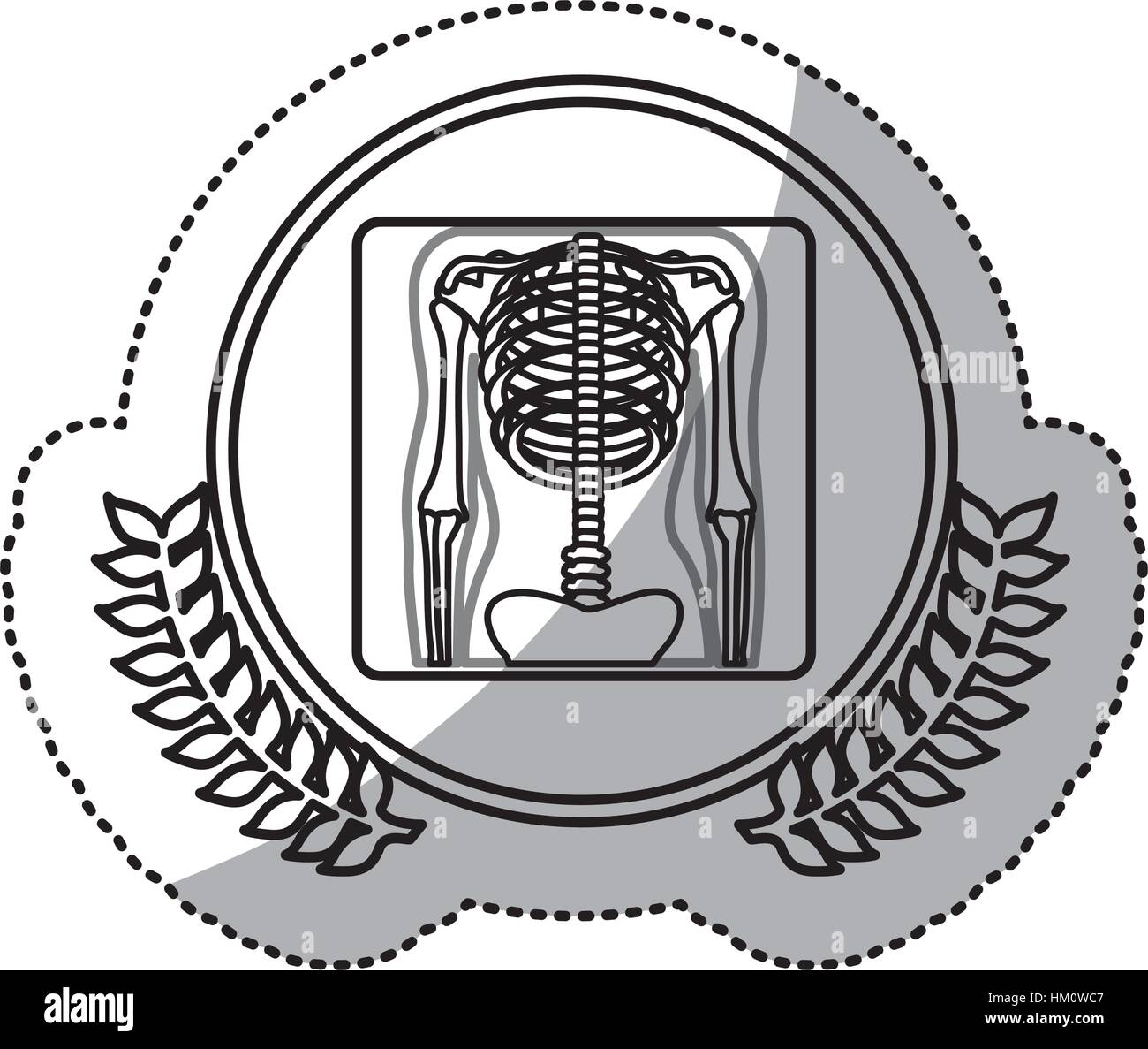monochrome sticker with x-ray of bones in circle with olive branchs ...