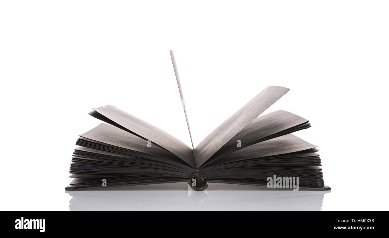 Open black book isolated on white background Stock Photo - Alamy