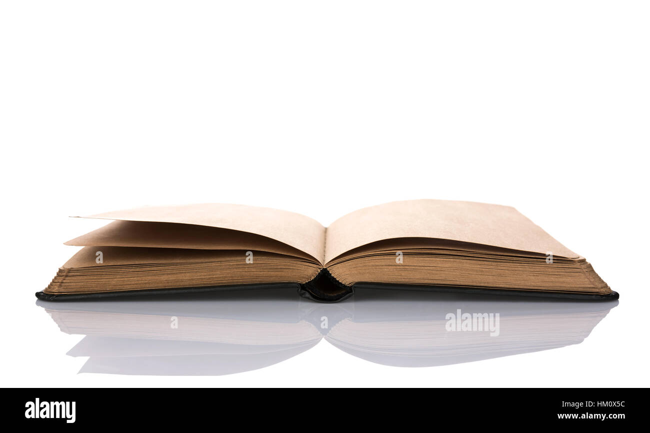 Open old book isolated on white background Stock Photo - Alamy