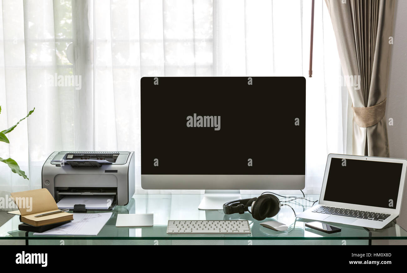Modern home office with computer and labtop Stock Photo - Alamy