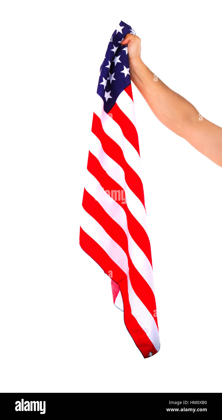 Hand holding American flag isolated on white background Stock Photo - Alamy