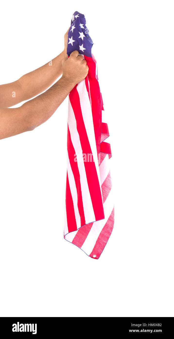 Hand holding American flag isolated on white background Stock Photo - Alamy
