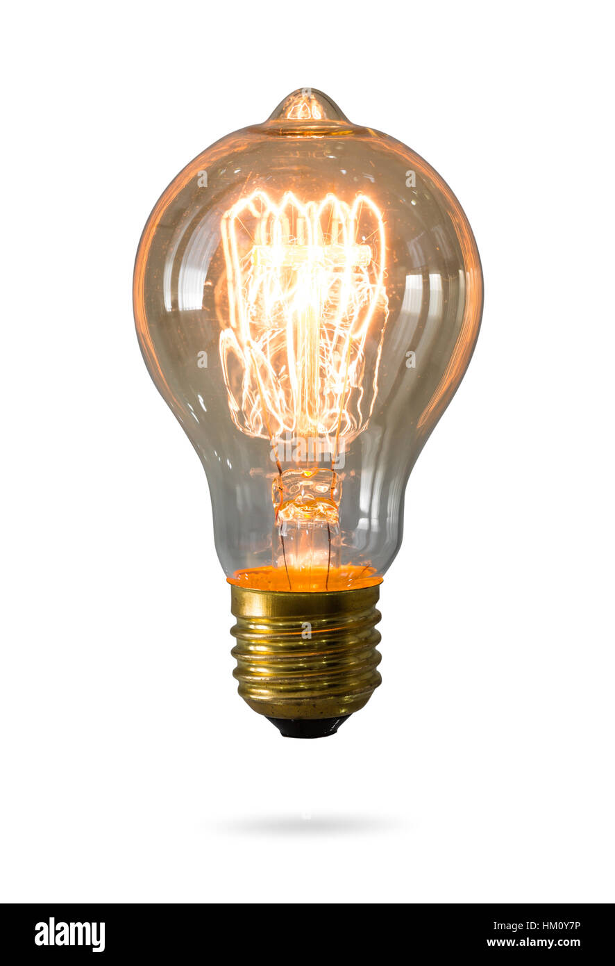 Glowing yellow light bulb isolated on white background Stock Photo - Alamy