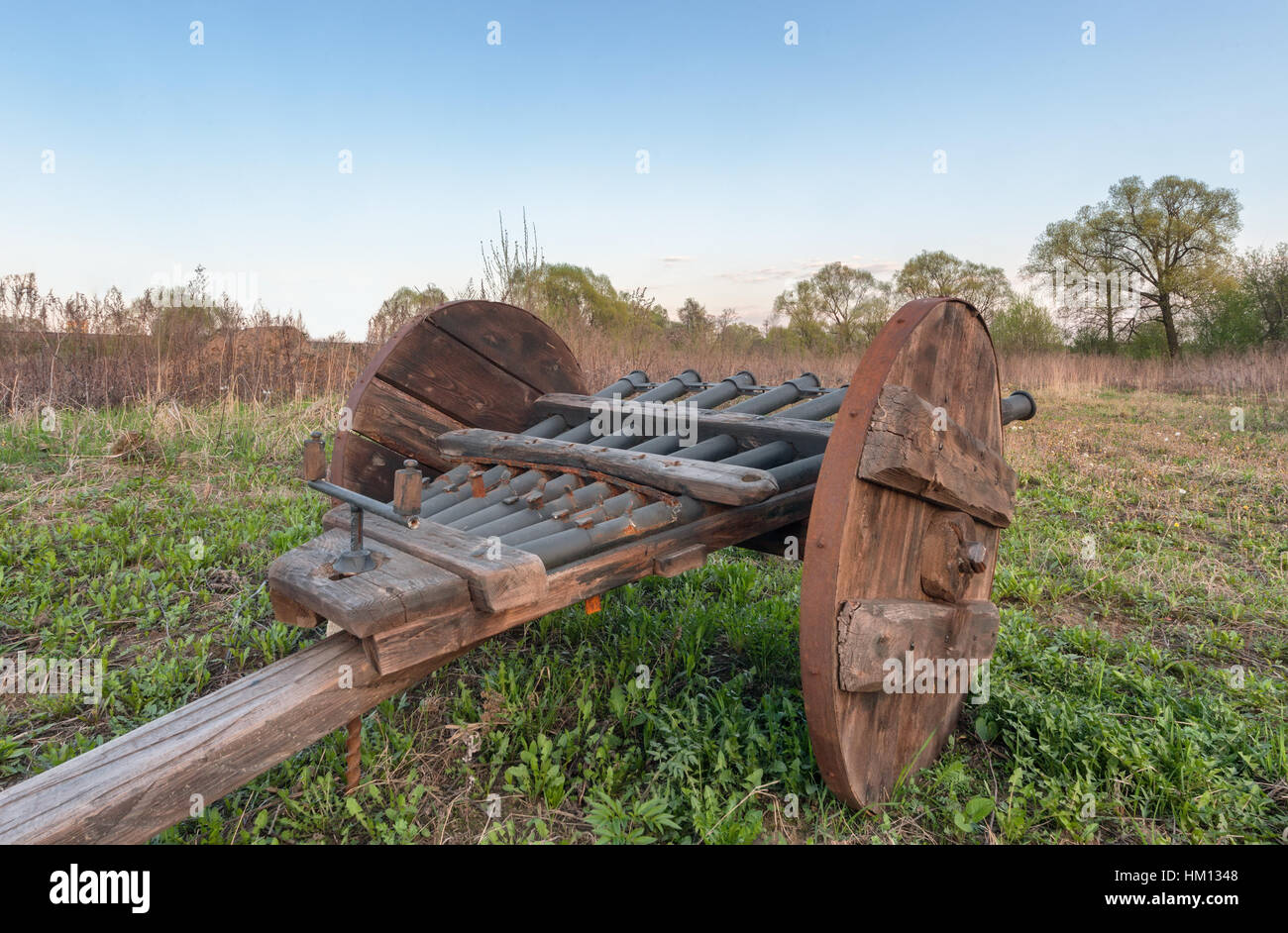 Vintage multi barrelled cannon - ribaudequin. Rear view of the open ...