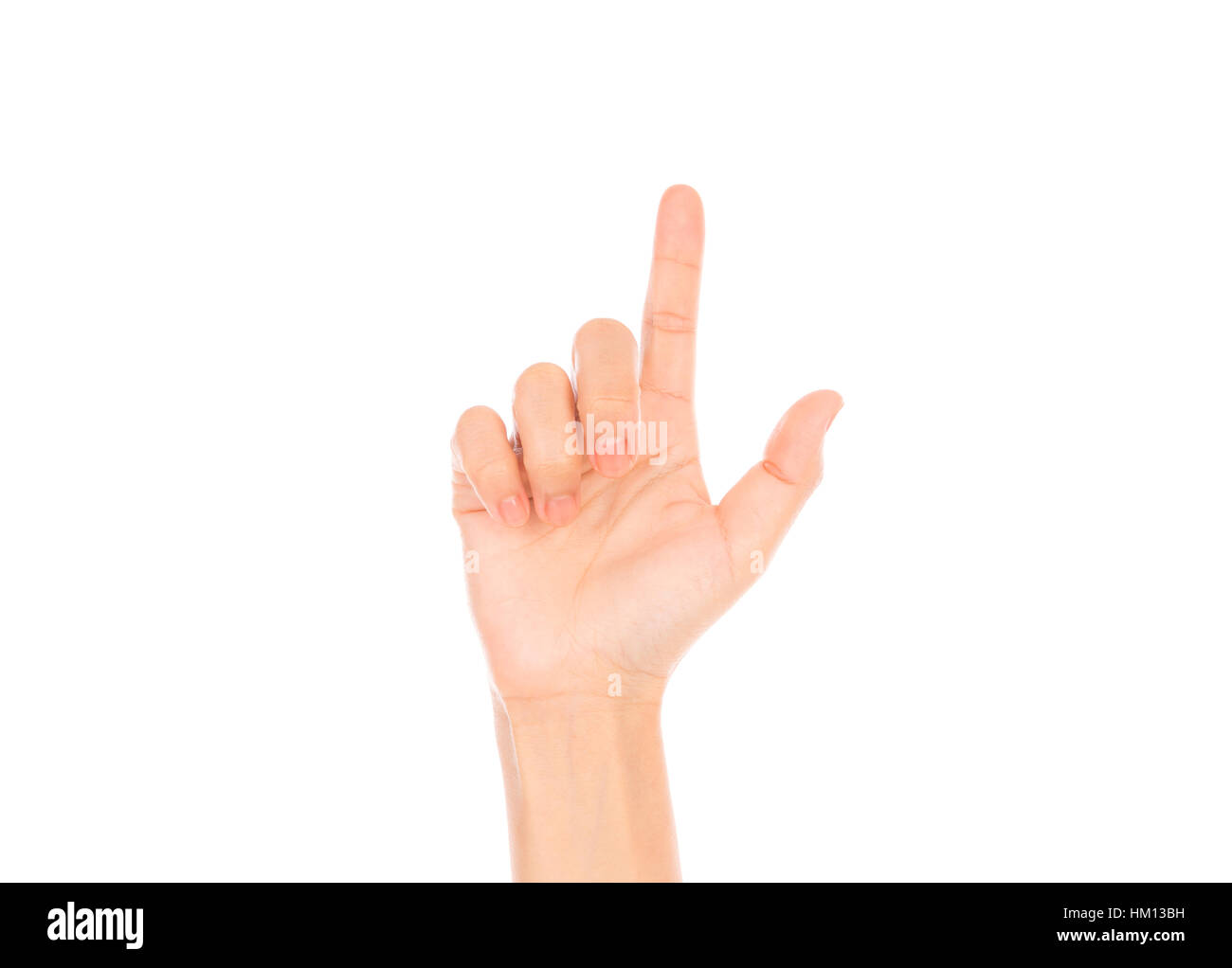 Woman hand touching virtual screen isolated on white background Stock ...