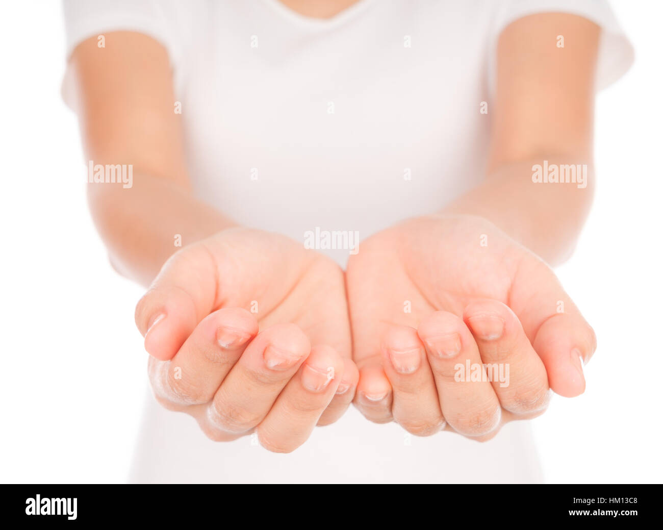 Empty woman hands over body isolated on background Stock Photo - Alamy